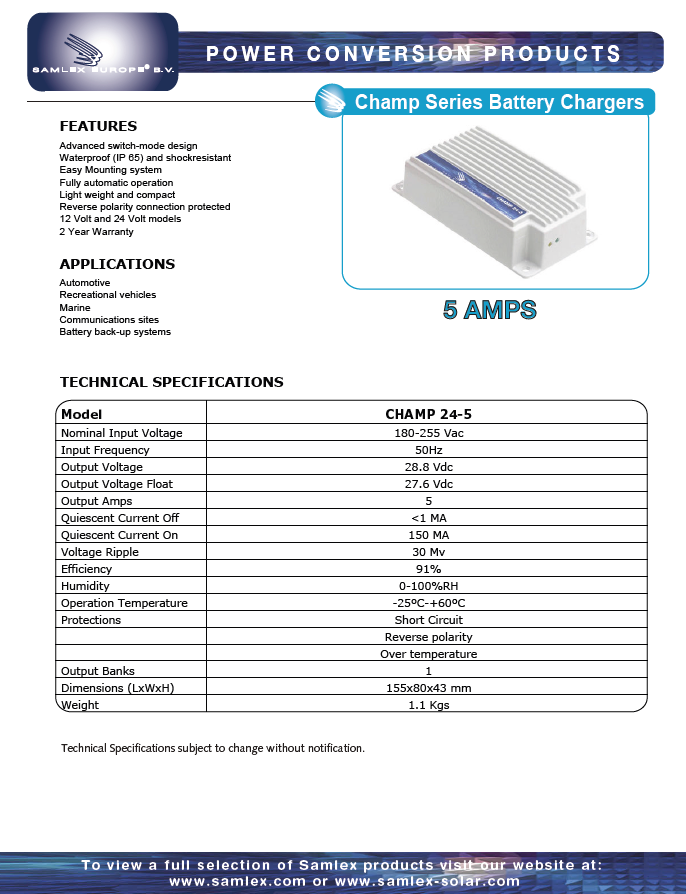 Samlex CHAMP 24-5 24V 5A Battery Charger | UK Distributor